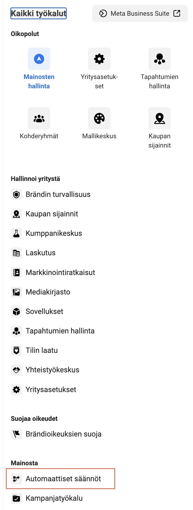 Facebookin mainostyökalun automaattiset säännöt